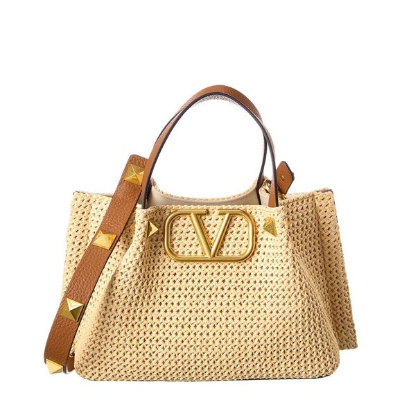 Valentino | Bags | Valentino Roman Stud Raffia Leather Tote Brown ...